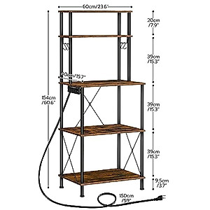HOOBRO Bakers Rack with Power Outlets, Coffee Bar, Microwave Stand with S-Hooks, Kitchen Storage Rack for Kitchen, Entrance, Living Room, Dining Room, Office, Rustic Brown and Black BF80UHB01