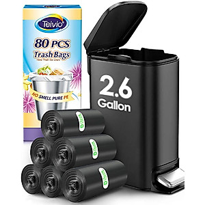 2.6 Gallon 80 Counts Strong Trash Bags Garbage Bags by Teivio, Bathroom Trash Can Bin Liners, Small Plastic Bags for Home Office Kitchen,fit 10 Liter, 2,2.5,3 Gal, Black