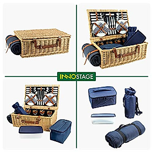 Large Willow Picnic Basket with Deluxe Service Set for 4 Persons, Natural Wicker Picnic Hamper with Food Cooler, Wine Cooler, Free Fleece Blanket and Tableware - Best Gift for Father Mother