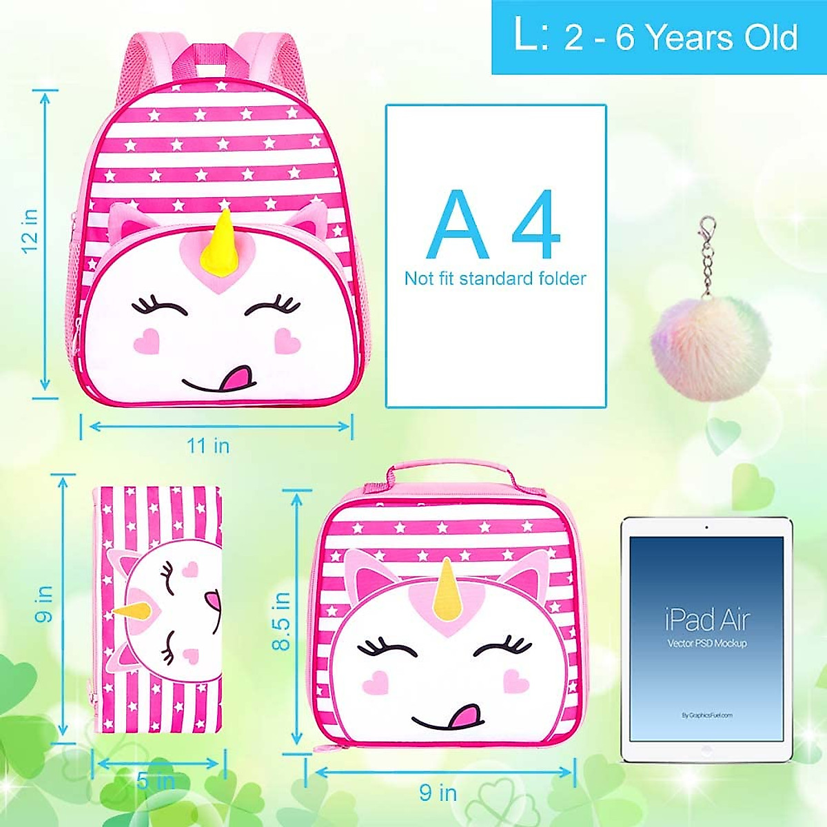 ZLYERT 3PCS Toddler Backpack for Boys, 12" Dinosaur Preschool Bookbag with Lunch Box, Cute Animal Kids Kindergarten Schoolbag - Green