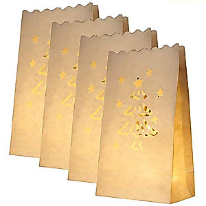 Onene 10 Pcs White Luminary Bags, Candle Bag with Christmas Tree Design, Durable and Reusable Fire-Retardant Cotton Material Paper Lantern Bags for Christmas Holiday Outdoor, New Year Occasion