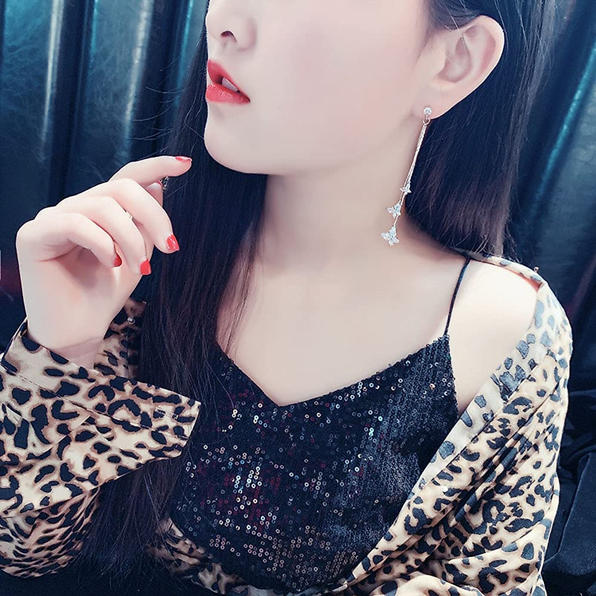 Crystal Butterfly Pendant Tassel Earrings Long Zircon Butterfly Drop Dangle Earrings Jewelry for Women Butterfly Earring (Silvr)