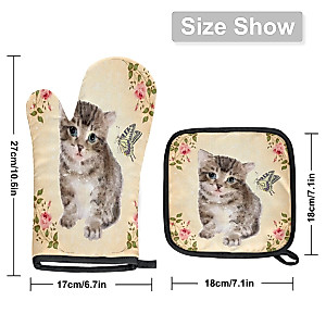 Vintage Rose Butterfly Cat Oven Mitts and Pot Holders Sets of 2 Heat Resistant Non-Slip Kitchen Gloves Hot Pads with Inner Cotton Layer for Cooking BBQ Baking Grilling