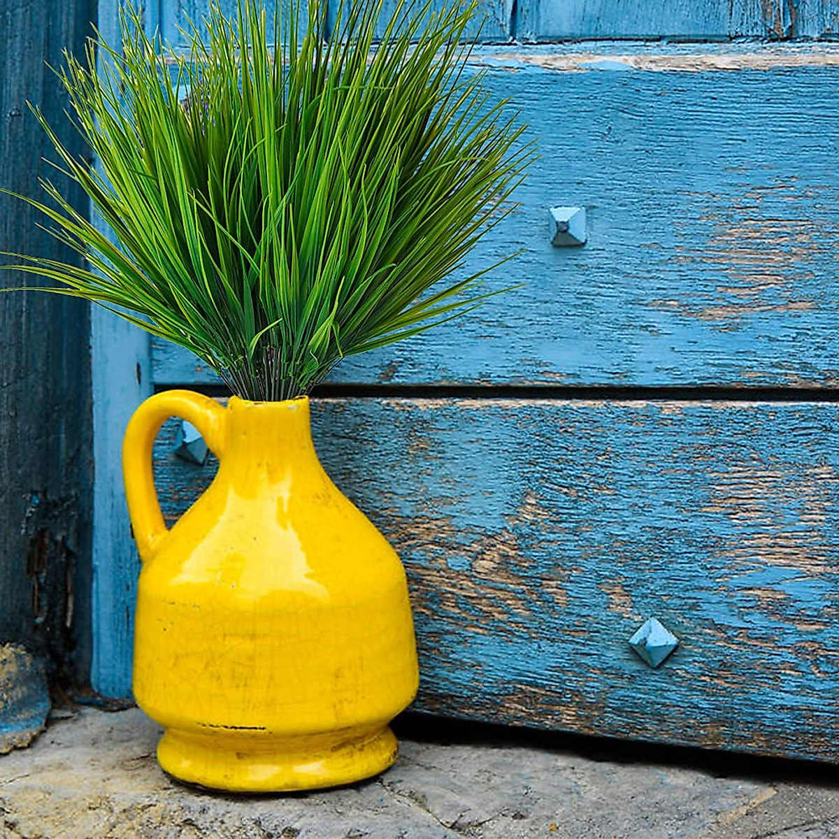 12 Bundles Artificial Wheat Grass Outdoor Plants, UV Resistant Fake Grass Faux Plastic Greenery Stems Plants for Porch Garden Farmhouse Window Box Decorating