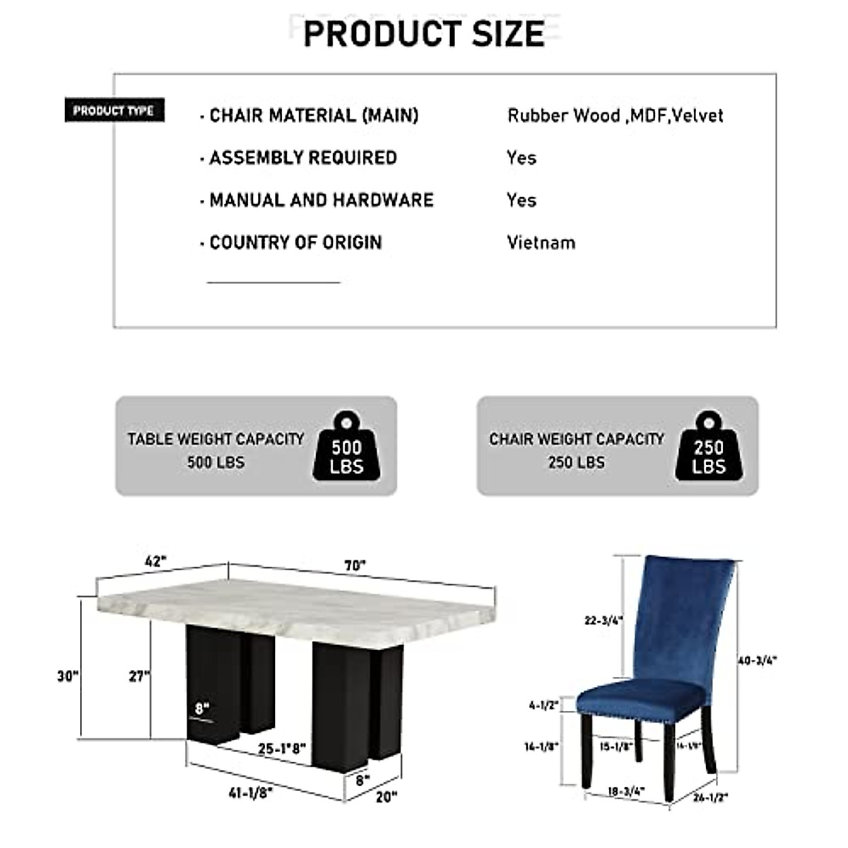 DEINPPA 7 Piece Kitchen Table Set with 1 Faux Marble Rectangular Table and Dining Chairs Set of 6 for Dining Room and Living Room (Blue)