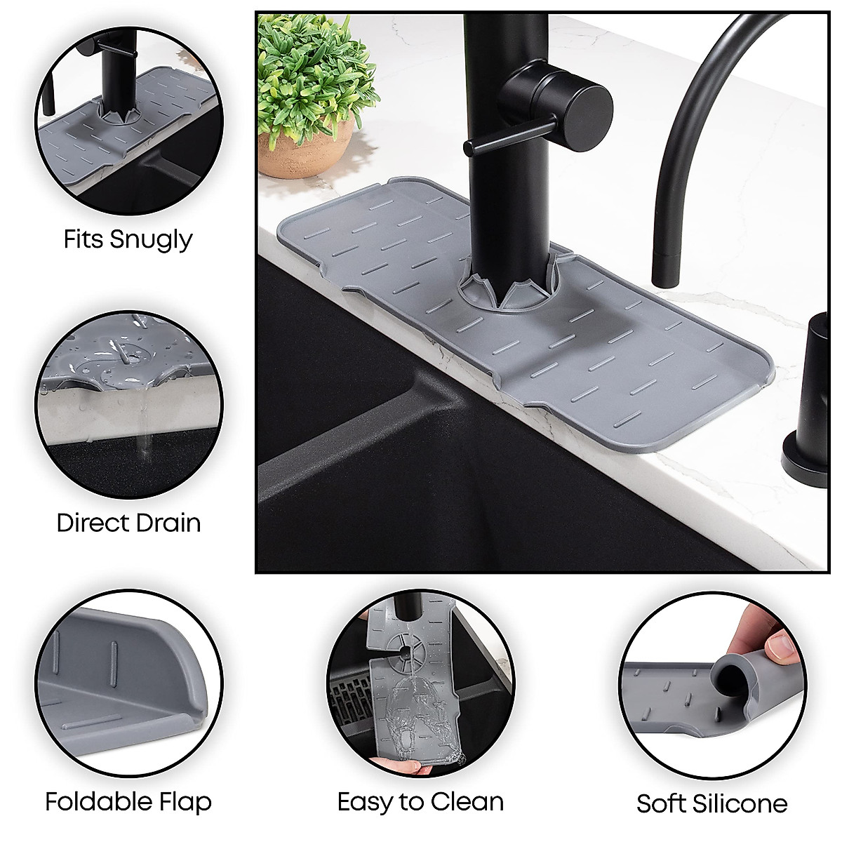 LCbasics - Sink Splash Guard - Silicone Faucet Handle Drip Catcher Tray - Sink Protectors for Kitchen Sink - Faucet Splash Guard for Kitchen Sink and Bathroom - Sink Mat Keeps Area Drier (BLACK-SMALL)