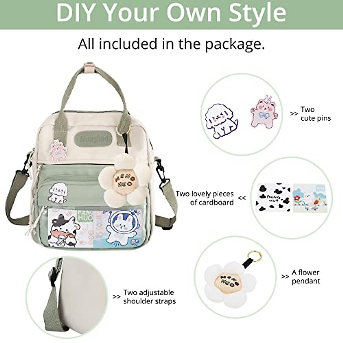 AoMoon Kawaii Backpack Japanese Cute School Bag Ita Bag JK Uniform Bag Aesthetic Backpack with Pin and Cute Accessories for Girls (S-Green)