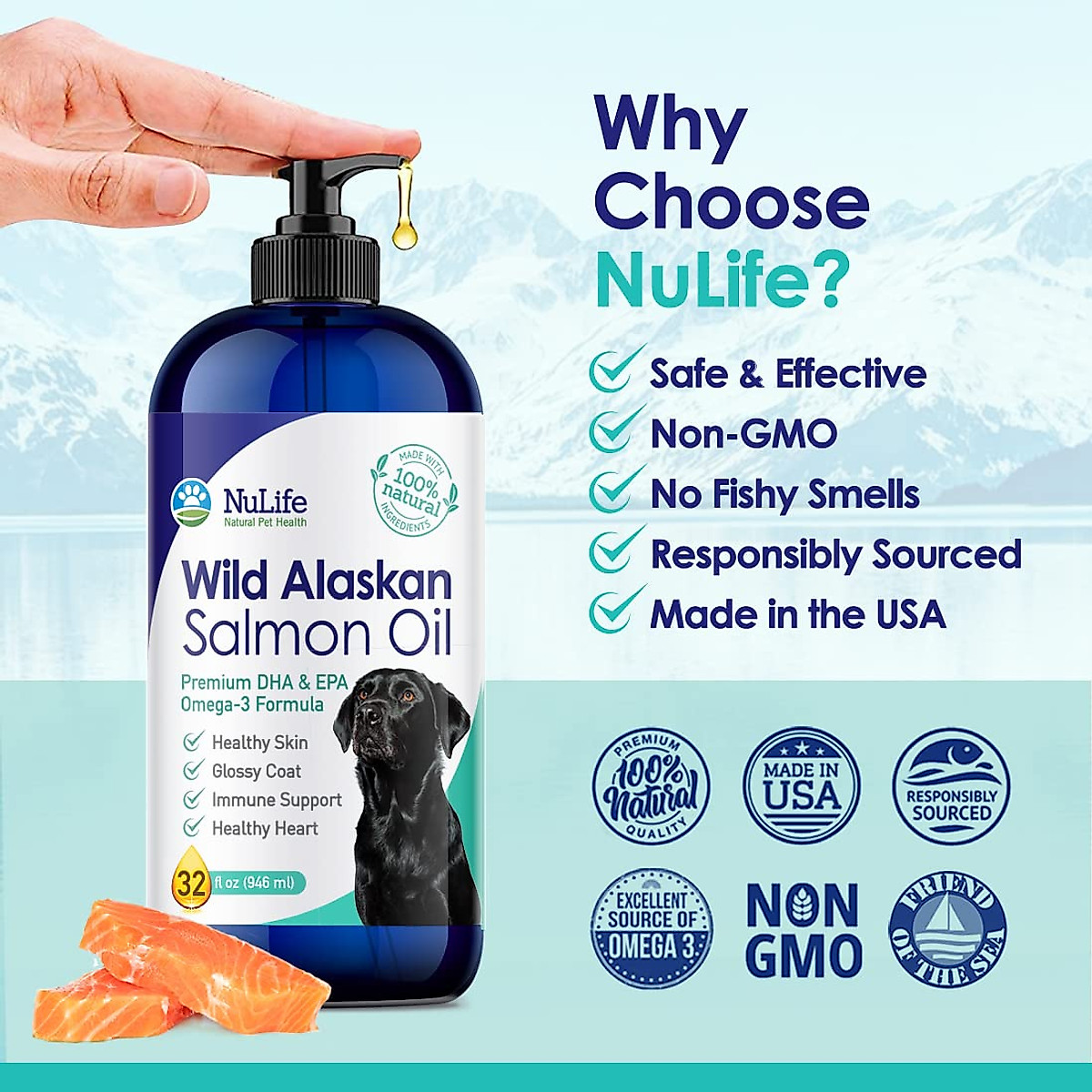 Pure Wild Alaskan Salmon Oil for Dogs, Omega 3 Formula with Pollock, Dog Fish Oil Liquid, Skin and Coat Supplement for Shedding, Dry Itchy Skin and Allergies, EPA + DHA Fatty Acids, 32 oz Pump Bottle