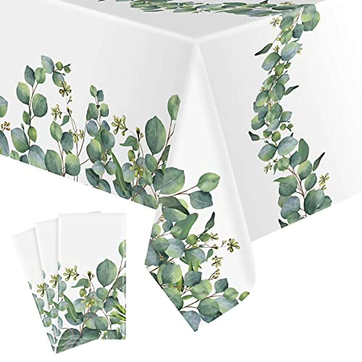 Remagr Eucalyptus Leaf Tablecloths Plastic Sage Greenery Table Cover Rectangle Disposable Green Leaves Cloths Decorations for Baby Bridal Shower Birthday Spring Summer Party, 108 x 54 Inch (3 Pcs