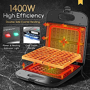 Aigostar Waffle Maker, 4-Slice Non-Stick Belgian Waffle Iron, 1400W Square Waffle Machine with Indicator Lights, Easy to Clean, PFOA Free, Compact Design, ETL Certificated, Black