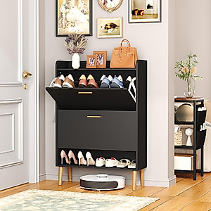 HOMEFORT Shoe Cabinet for Entryway, Shoe Storage Cabinet with 2 Flip Drawers, 30" Narrow Shoe Organizer Cabinet for Front Door Entrance, Modern Slim Hidden Shoe Rack Cabinet in Balck