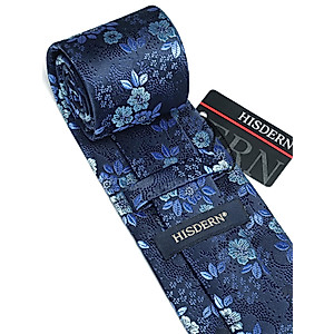 HISDERN Men's Floral Tie Handkerchief Jacquard Woven Classic Men's Necktie & Pocket Square Set,Navy Blue,8.5cm / 3.4 inches in Width