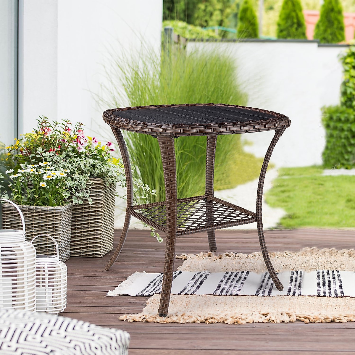 Outdoor Side Table Patio Wicker Coffee Table Outdoor End Table Rattan Bistro Table with Storage & Poly Lumber Table Top Square for Outside Balcony Porch Backyard Deck Brown