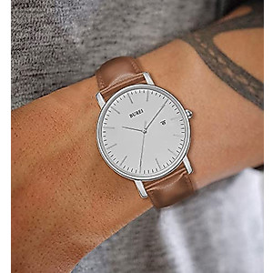 BUREI Men's Fashion Wrist Watch Minimalist Simple Watches for Men Ultra Thin Watch Analog Quartz Watches Leather Strap Watches with Date (Silver Brown)