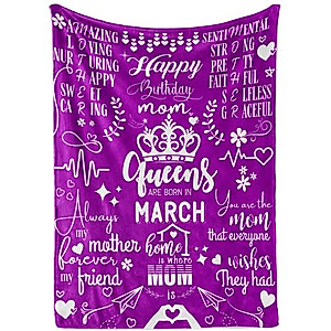 InnoBeta Mom Birthday Gifts, Birthday Gifts for Mom, Throw Blanket from Daughter or Son, Queens are Born in March (65 x 50 inches)