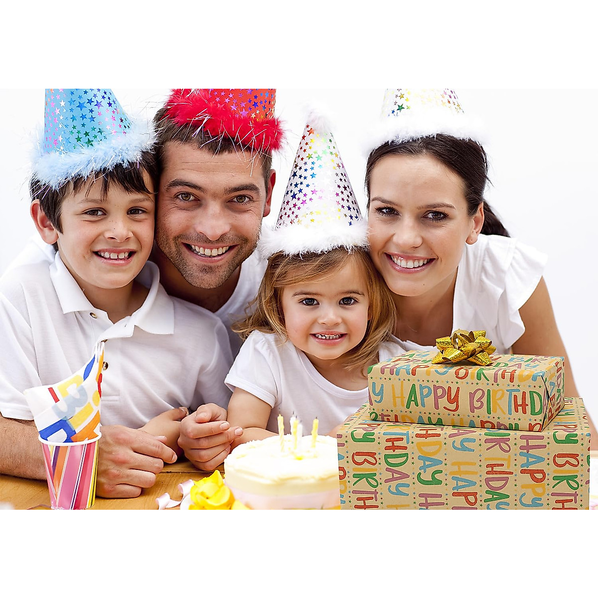 CAMKUZON Kraft Birthday Wrapping Paper Roll with Cutlines - Colorful Happy Birthday Text and Star Design - Gift Wrap Paper for Birthday Celebration Baby Shower, 17.4 Inch