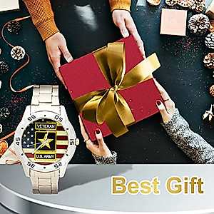 Special Design Military US Army Veteran and American Flag Custom Men's Stainless Steel Analog Watch Sliver Metal Case, Tempered Glass