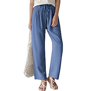 ebossy Women's Summer Drawstring Elastic Waist Cotton Linen Utility Beach Palazzo Pants Pockets (XL, Blue)