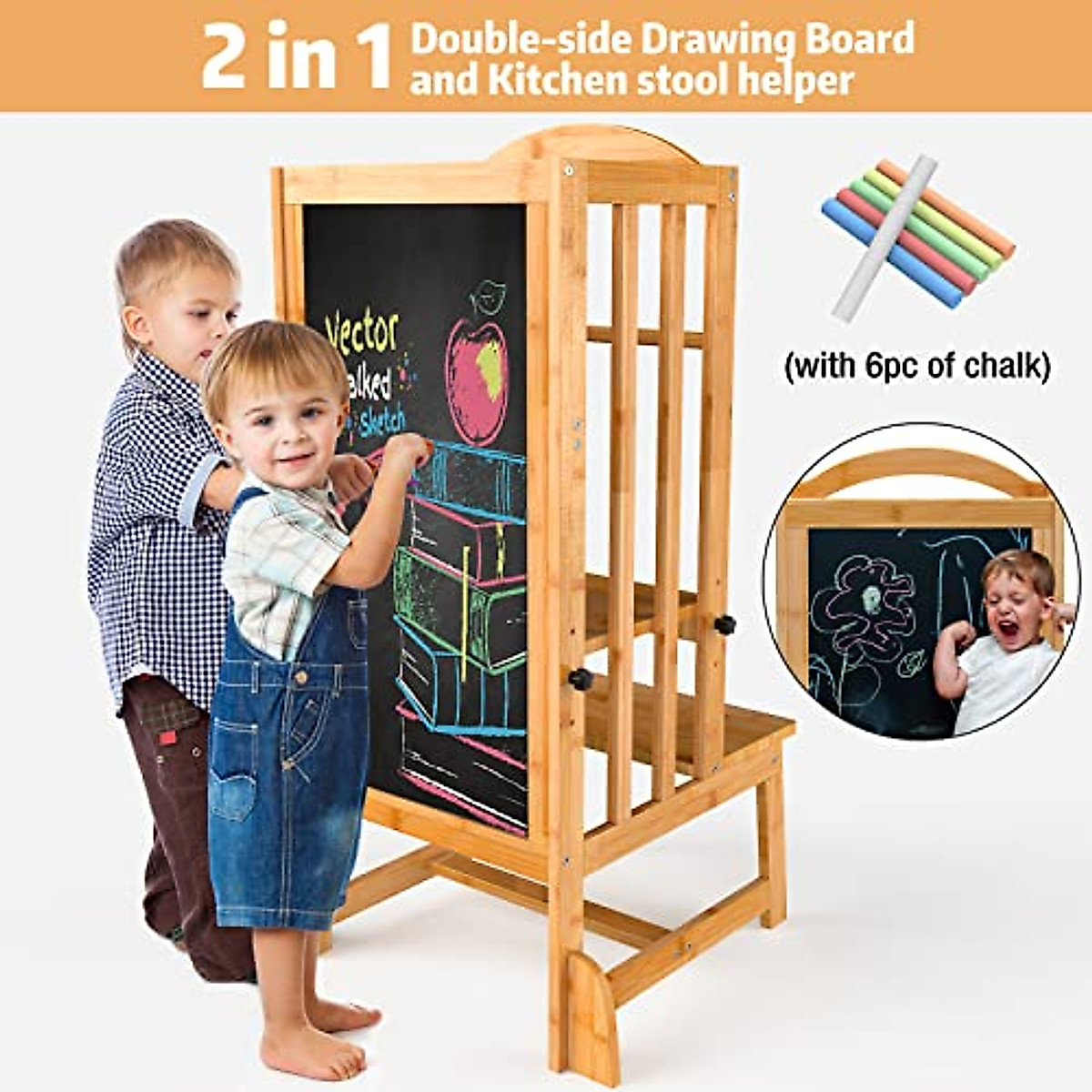 DORPU Learning Step Stool for Kids, Adjustable Height Toddler Kitchen Standing Tower with Double-Side Art Board, Natural