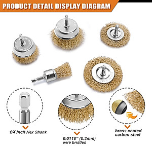POLIWELL Wire Wheel Cup Brush for Drill, 9 Pack Carbon Steel Bristles Wire Brush Set Coarse Crimped Abrasive Brass Coated Brushes with 1/4 Inch Hex Shank for Rust Removal, Corrosion, Paint Cleaning