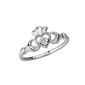 Dainty 10k White Gold Open Heart Solitaire Diamond Rope Claddagh Promise Ring (Size 10)