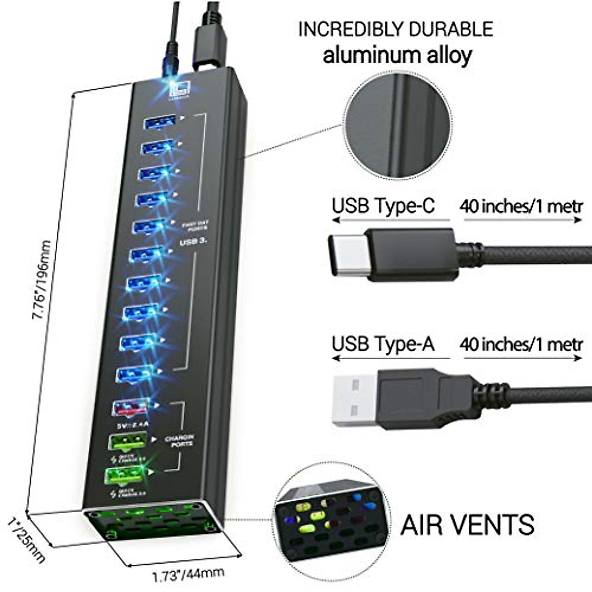 LATORICE USB Hub Powered, 13 Multi-Port USB Hub with 10 USB 3.0 Ports 2 IQ Quick Charge Ports, and Port with up to 2,4A Power, Powered USB Splitter with Cords C and A, Unibody Aluminum USB HUB