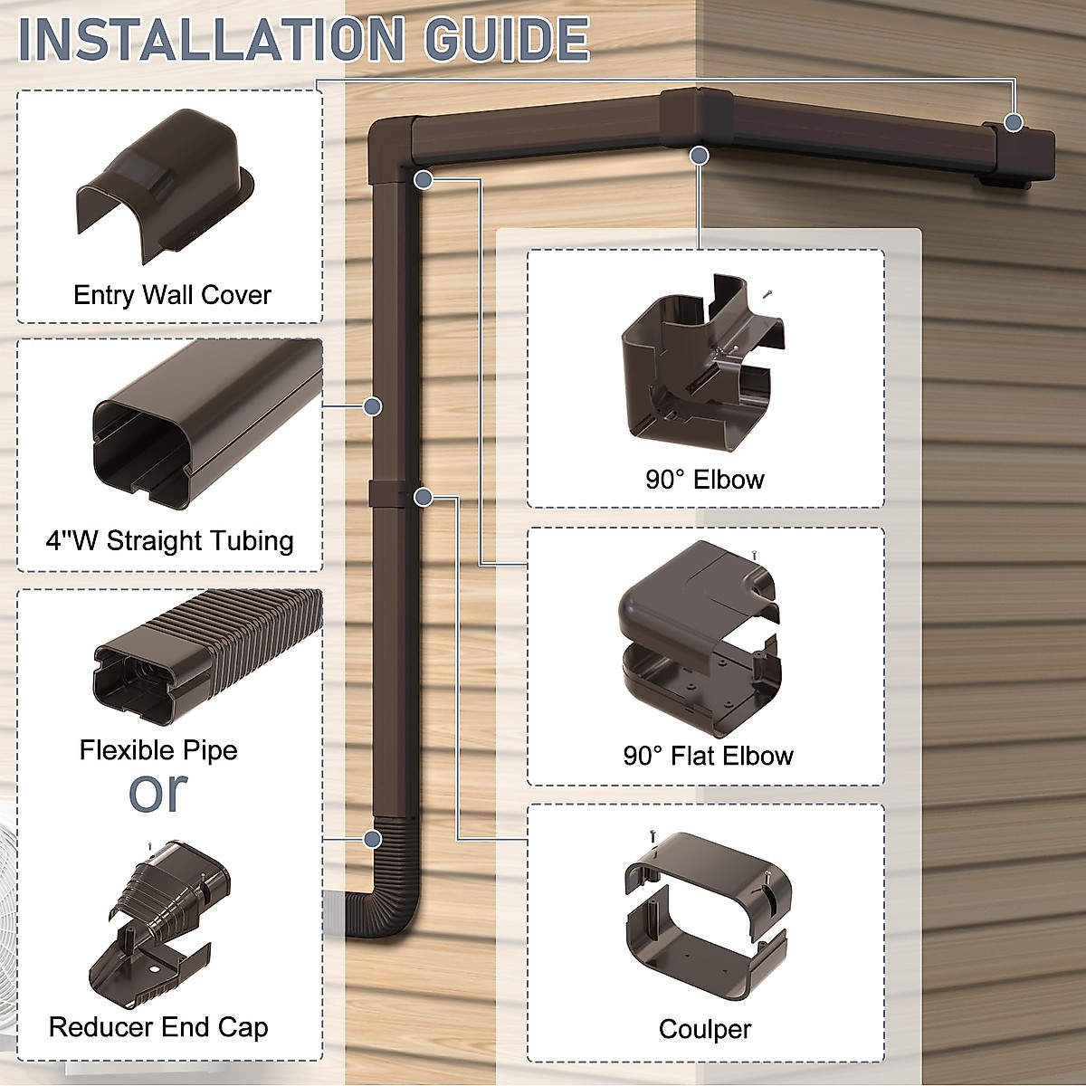 Flamorrow 3" 16Ft Brown AC Line Set Cover Kit, Decorative PVC Tubing Cover Kit for Ductless Mini Split Air Conditioner, Central AC and Heat Pump System