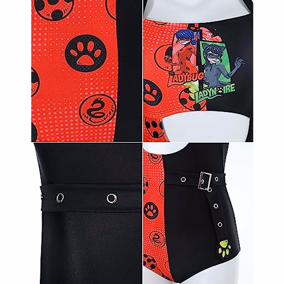 Miraculous Women's Ladybug and Lady Noir Beach Halter One Piece Swimsuit Bathing Suit (as1, Alpha, m, Regular, Regular, Black and Red)