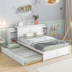 Acosure Full Size Storage Platform Bed with Pull Out Shelves and Twin XL Size Trundle,Bedroom Wood Bed Frame W/Headboard,No Box Spring Required,for Kids Teens Girls Boys,White