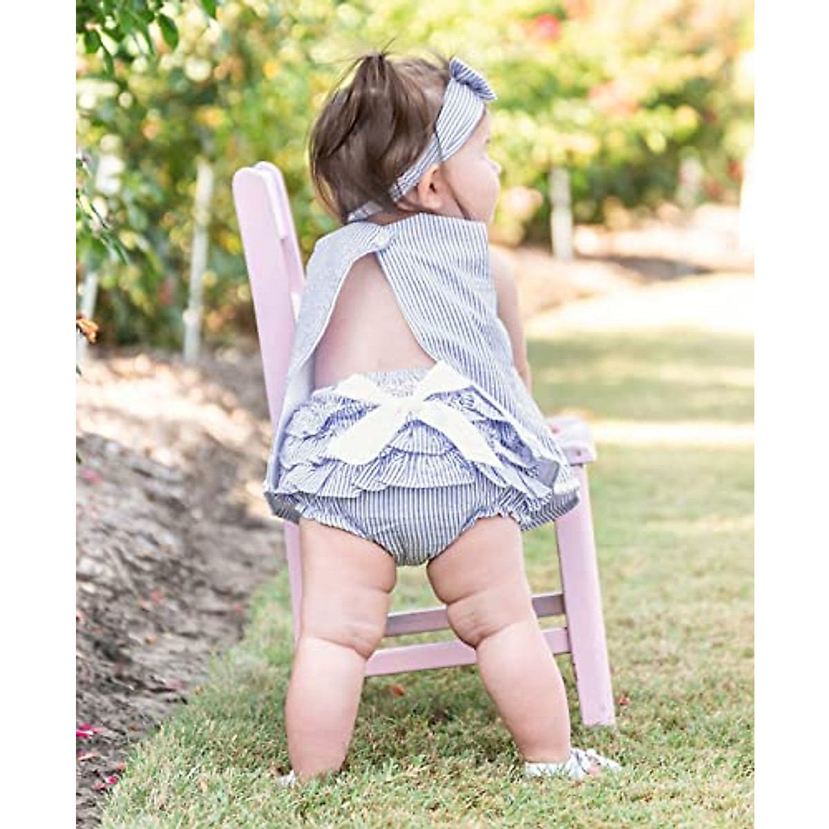 RuffleButts® Baby/Toddler Girls Blue Seersucker Swing Top - 0-3m