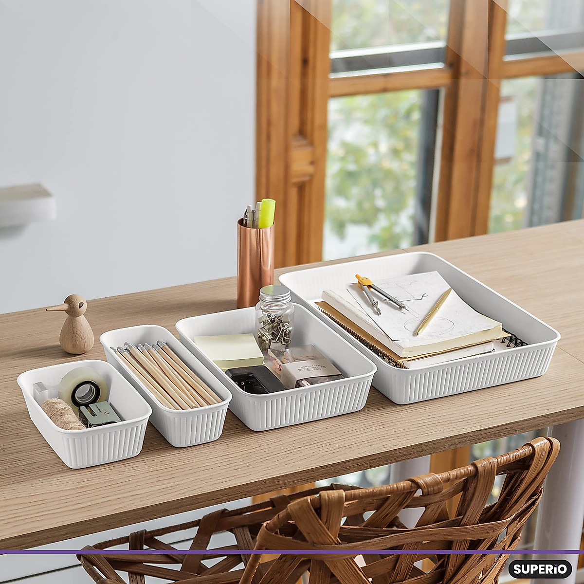 Superio Ribbed Collection - Decorative Plastic Desk Drawer Organizer Tray, White (Set of 5) Open Home Storage Bins Organizer Baskets, for Organizing Closet Shelves Drawer Shelf