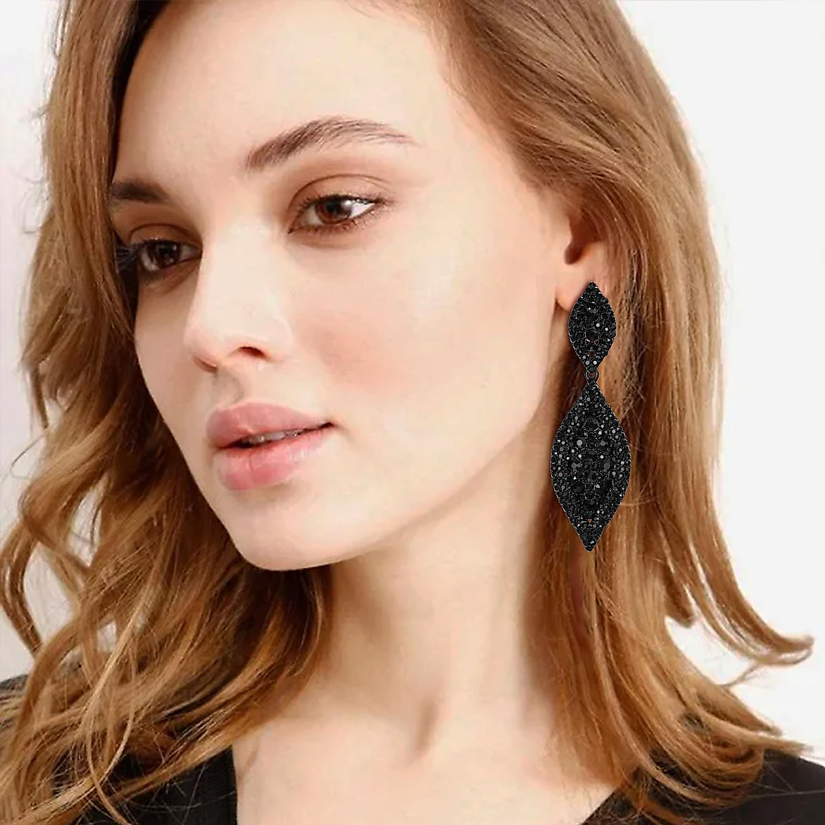 Flyonce Clip On Earrings for Women Rhinestone Crystal Wedding Bridal Clip-on Drop Dangle Earrings Black Black-Tone