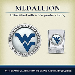 Heritage Pewter University of West Virginia Square Shot Glass | Hand-Sculpted 1.5 Ounce Shot Glass | Intricately Crafted Metal Pewter Alma Mater Inlay