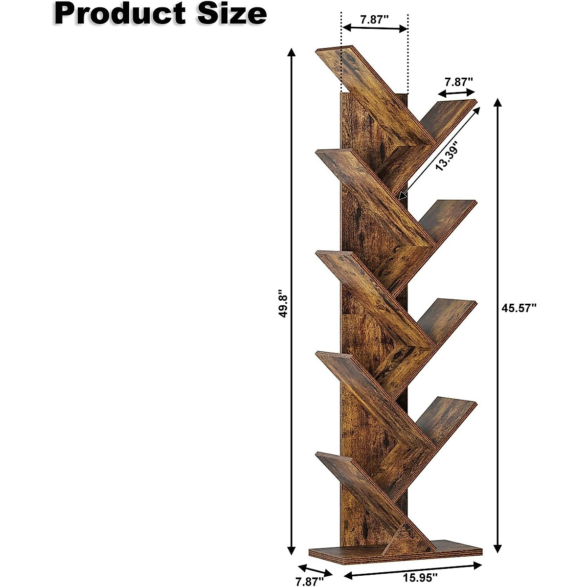 Function Home 9 Tier Tree Bookshelf, Modern Tall Geometric Bookcase, Freestanding Book Shelf, Wood Floor Storage Shelf for Living Room, Bedroom, Home Office,Rustic Brown