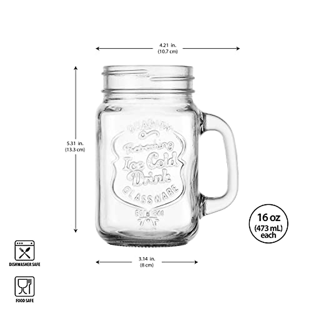 Glaver's Drinking Jars – Set of 6 Mason Jar Cups – 16 Oz Glasses with Handle, Ice-Cold Drinkware Logo – Jars are Ideal for Cold Beverages, Cocktails, Shakes, Sodas, Juice.