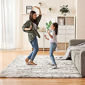 LFHHT Fluffy Area Rugs 8x10 Feet for Living Room Bedroom, Large Modern Indoor Soft Fuzzy Shaggy Carpet Shag Rugs Kids Girls Boys Classroom Nursery Dorm Room, Tie-Dyed Light Grey