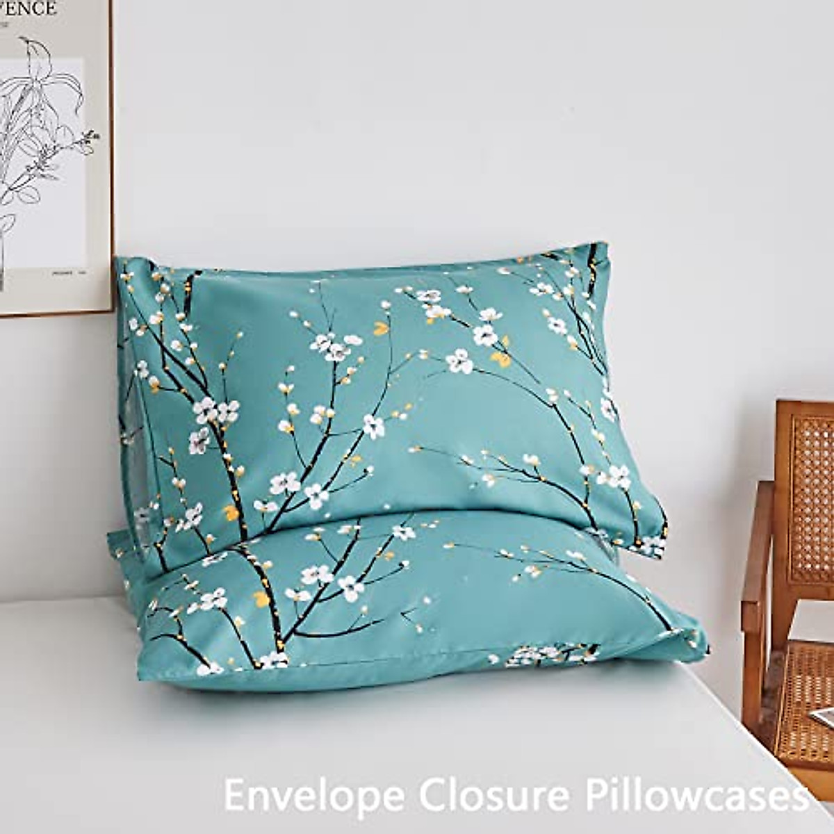 ZRNBAST Teal Sheet Set 4 Pcs Full Sheet Set Floral Print Flat Sheet Fitted Sheet Farmhouse Shabby Bedding Sheets Easy Fit Microfiber Sheets-All Seasons (Teal, Full)