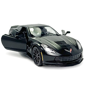 Corvette C7 Grand Sports Diecast Car Model Toy Vehicle Supercar 1/36 Scale Pull Back Vehicles Doors Open Alloy Metal Kids Boys Toys Adults Mens Christmas Stocking Stuffers Gifts, matt Black