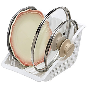 Crystalia Plastic Kitchen Cabinet Organizer for Dishes, Vertical Plate Storage Set for Countertop, Lid Plate Pan Holder Rack, Kitchenware Divider for Under Cabinet, Compact Clutter Organizer, White