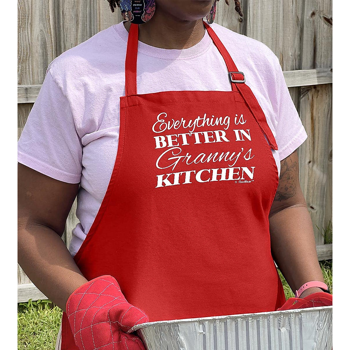 ThisWear Gifts For Granny Gifts For Grandma Everything Is Better In Granny's Kitchen Two Pocket Adjustable Bib Apron Red