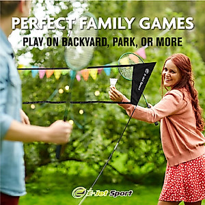 E-Jet Badminton Net Rackets Shuttlecocks Combo Set - Portable & Instant Setup (Backyard Fun, Beach Park Picnic Outdoor Games), Green, 5.1 x 7.8Ft, (EOB72740)