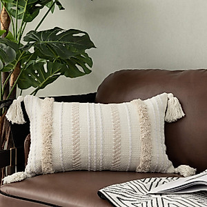 OJIA Lumbar Decorative Boho Throw Pillow Cover, 12 x 20 Farmhouse Cute Pillowcase Minimalist Neutral Collection Cream White Tufted with Tassels Woven Cushion Cover for Sofa Couch Bedroom Living Room