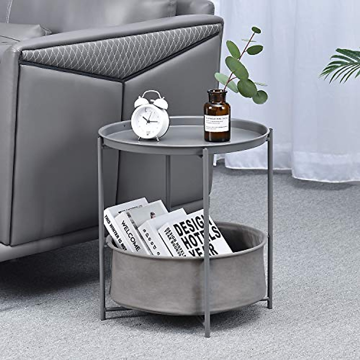 TOOLF End Table, Metal Nightstand, Coffee Round Table, Sofa Side Snack Table with Detachable Tray Top and Fabric Storage Basket, Scandi Style Table for Living Room Bedroom (Dark Grey)