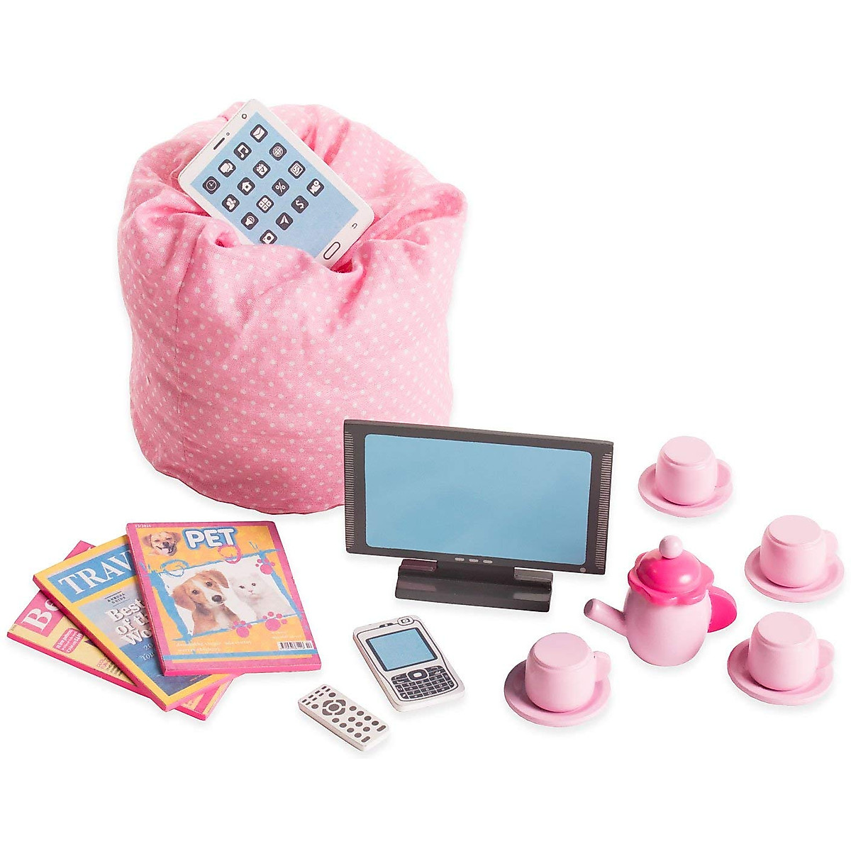 Playtime by Eimmie 18 Inch Doll Furniture - Doll Couch & Coffee Table with Living Room Accessories - Fits American, Generation, My Life & Similar 14"-18" Girl Dolls - White Wood Playset