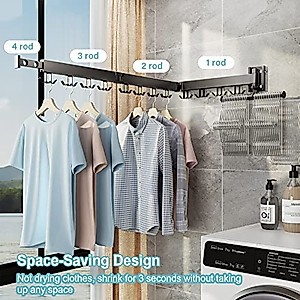 Kenvc 【Upgrade】 Wall Mounted Clothes Drying Rack,Laundry Drying Rack Wall Mount,Drying Rack Clothing for Laundry,3-Pole Collapsible,Retractable Clothes Drying Rack for Laundry,24 Hooks (Black)