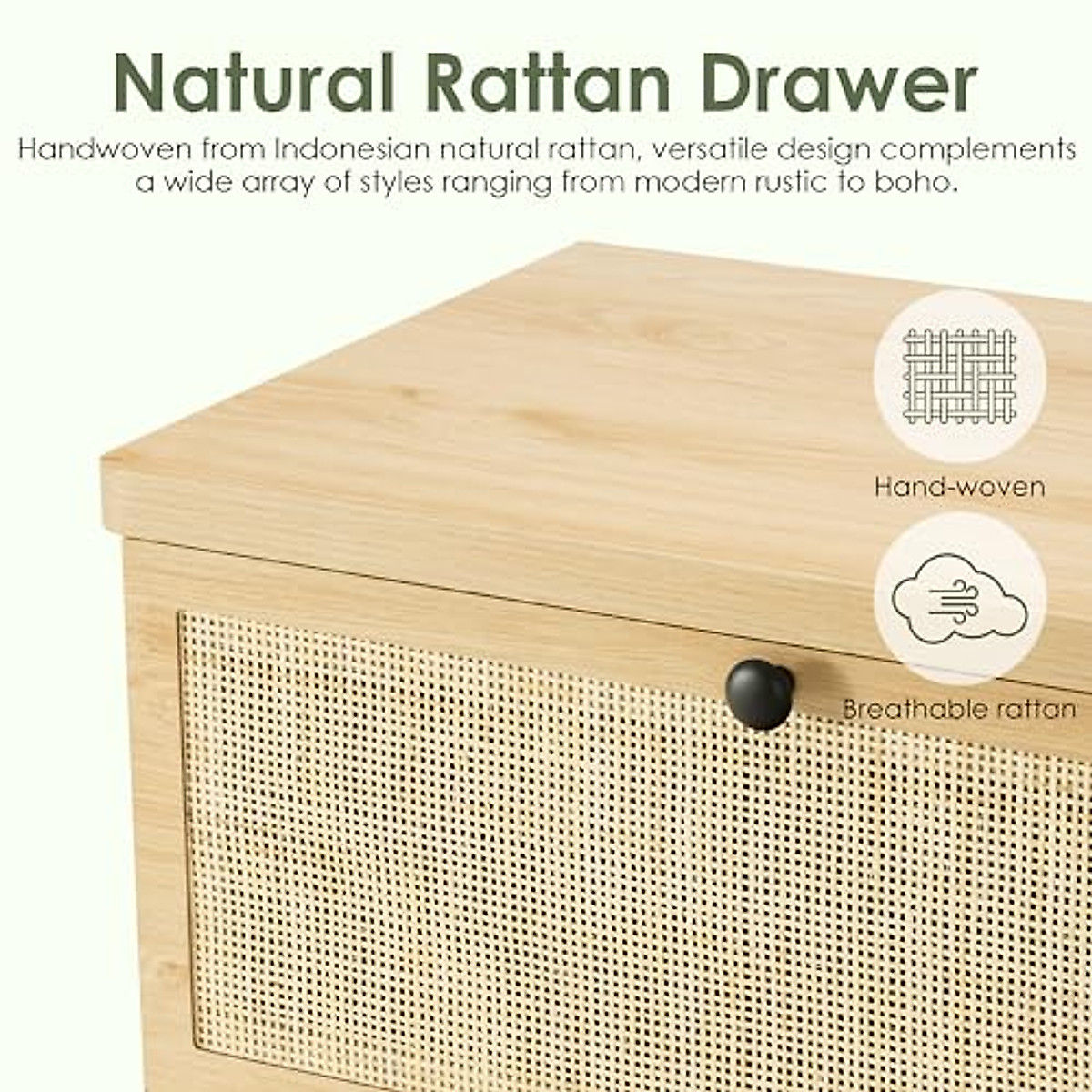 Modern Rattan 4 Drawer Dresser for Bedroom, Industrial Wood Tall Chest of Dressers with Handmade Natural Rattan Drawers, Storage Tower with Sturdy Steel Legs for Closet Living Room