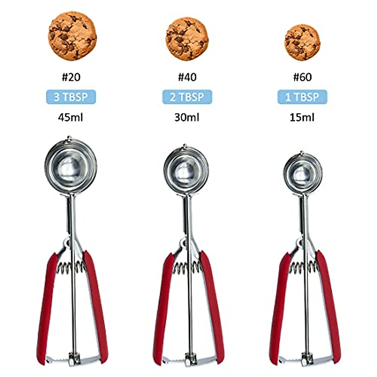 HEGO YUM Cookie Scoop,Ice Cream Scoop,3PCS Stainless Steel 1.5/2/3Tablespoon ice cream scooper,Red Rubber Grips Design,Durable and Effortless,for Ice Cream,Melon Baller and Baking(20#M/30#L/40#L)