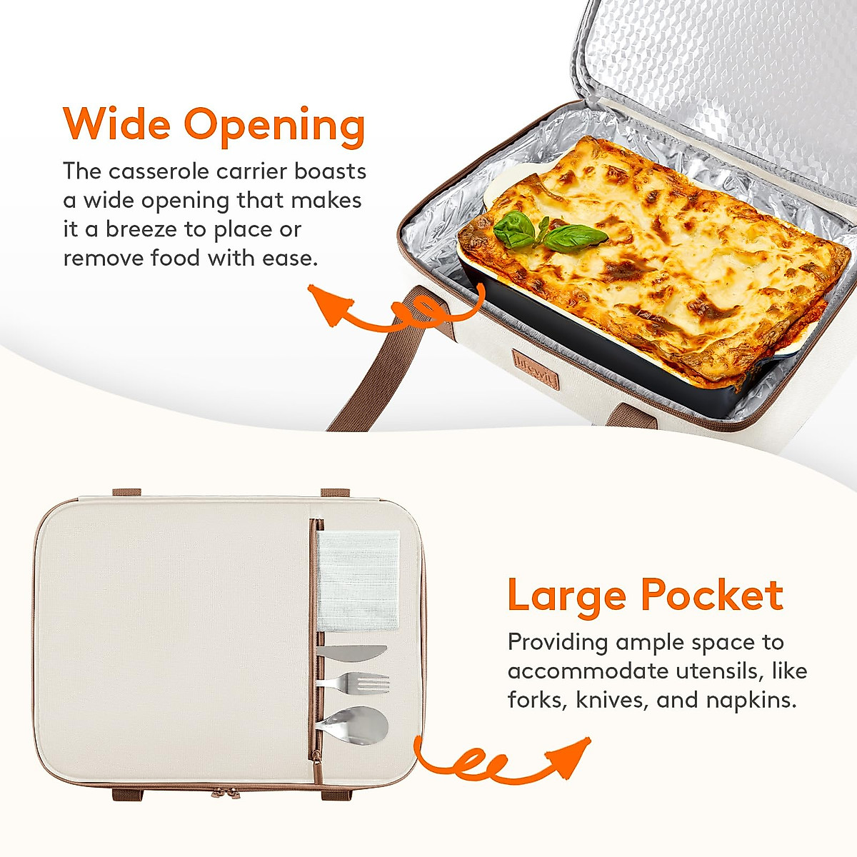 Lifewit Expandable Insulated Casserole Carrier for Hot or Cold Food, Double Decker Food Bag Lasagna Holder Carry Tote for Potluck Parties/Picnic/Cookouts, Fits 9"x13" Baking Dish, Cream
