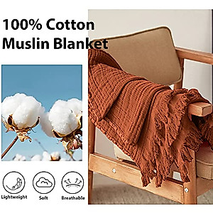Simple&Opulence Cotton Muslin Throw Blanket for Bed, Couch, Knit Woven Gauze Blanket with Tassels, Soft Lightweight Cozy Pre-Washed Breathable Farmhouse Decoration for All-Season (Rust Orange)