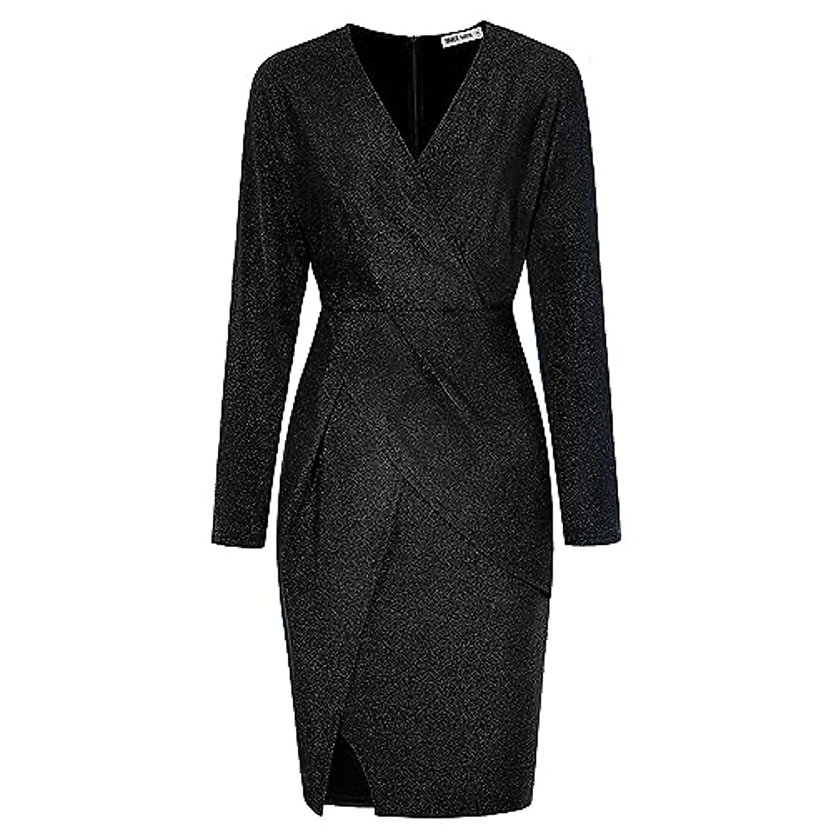 Long Sleeve V Neck Sparkle Wrap Dress Ruched Cocktail Party Dresses Bodycon Midi Sexy Club Dress Black S